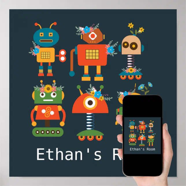 Cute robot children's room design poster | Zazzle