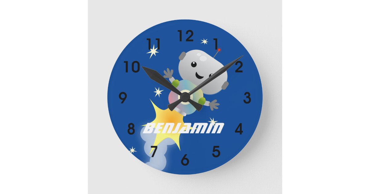 Cute robot flying in space cartoon illustration round clock | Zazzle