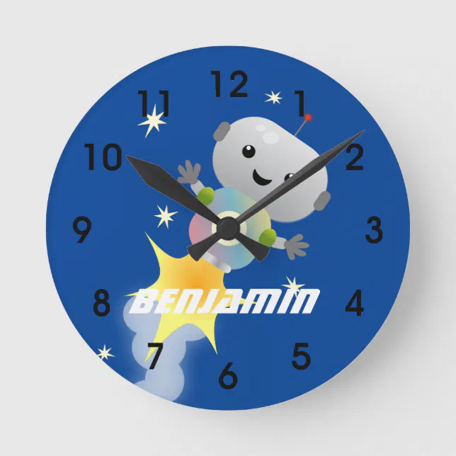 Cute robot flying in space cartoon illustration round clock | Zazzle