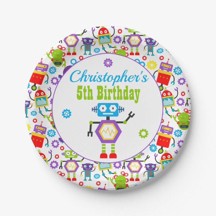 Cute Robot Theme Birthday Party Paper Plates | Zazzle