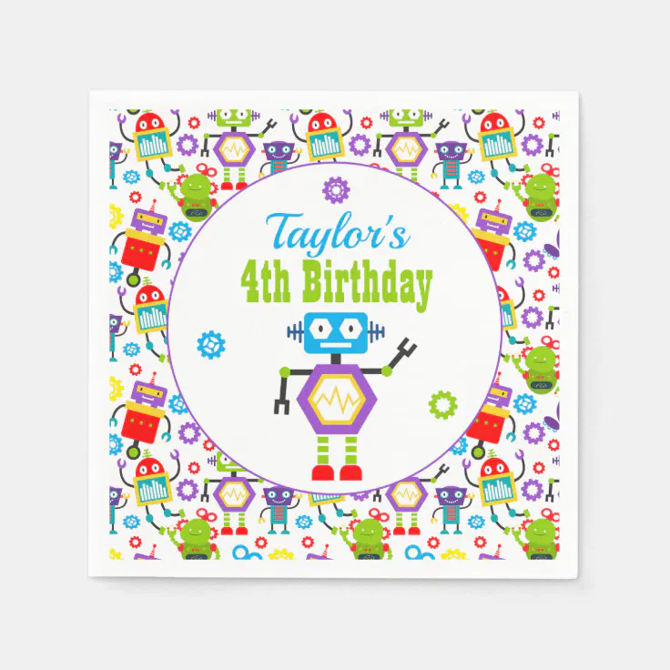 Cute Robot Themed Birthday Party Napkins | Zazzle