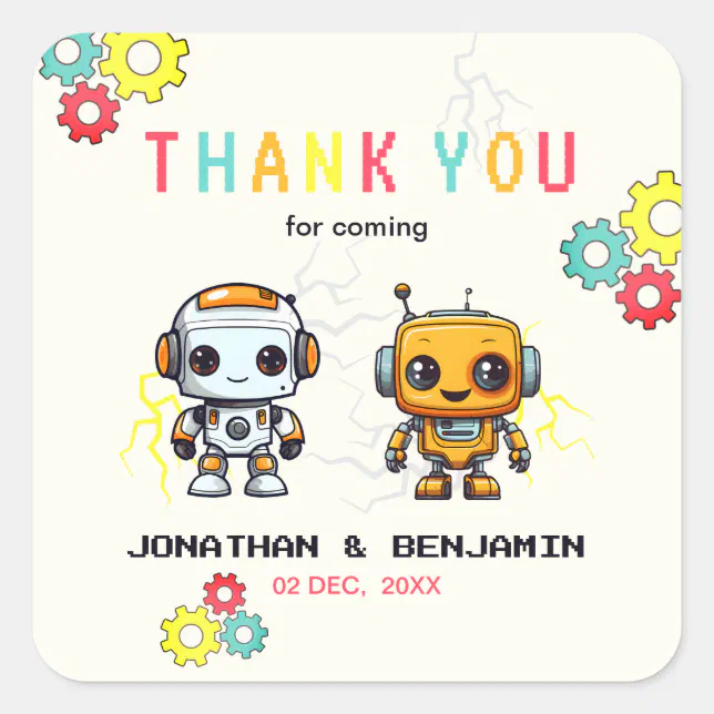 Cute Robot Together Joint Birthday Thank You Square Sticker | Zazzle