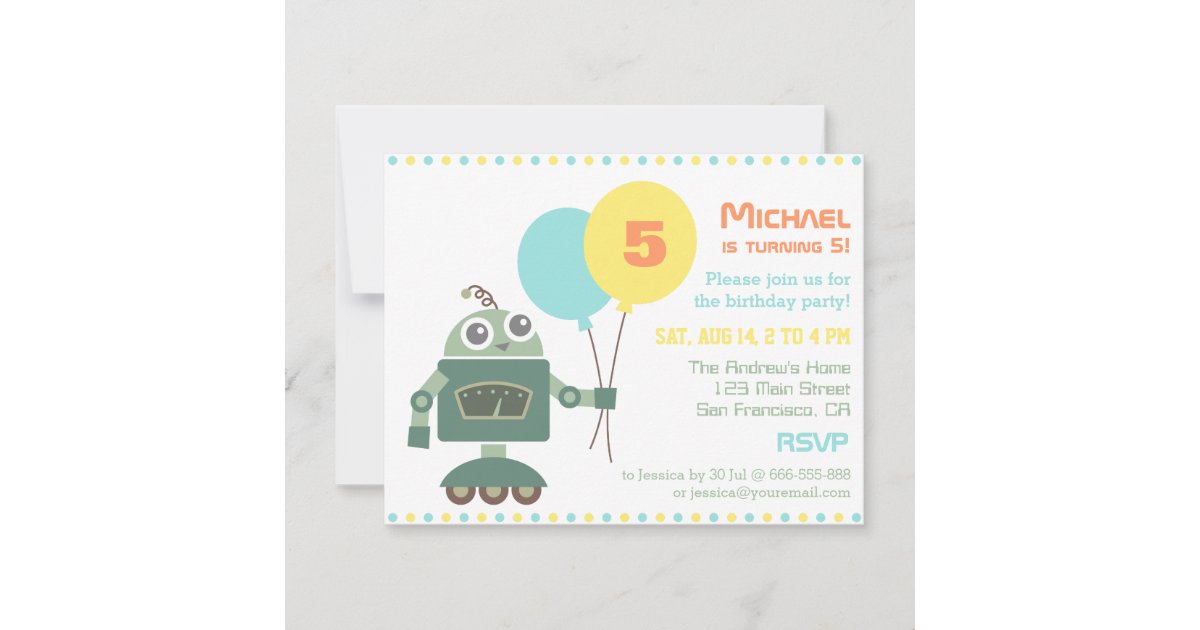 Cute Robot with Balloon Birthday Party Invitations | Zazzle