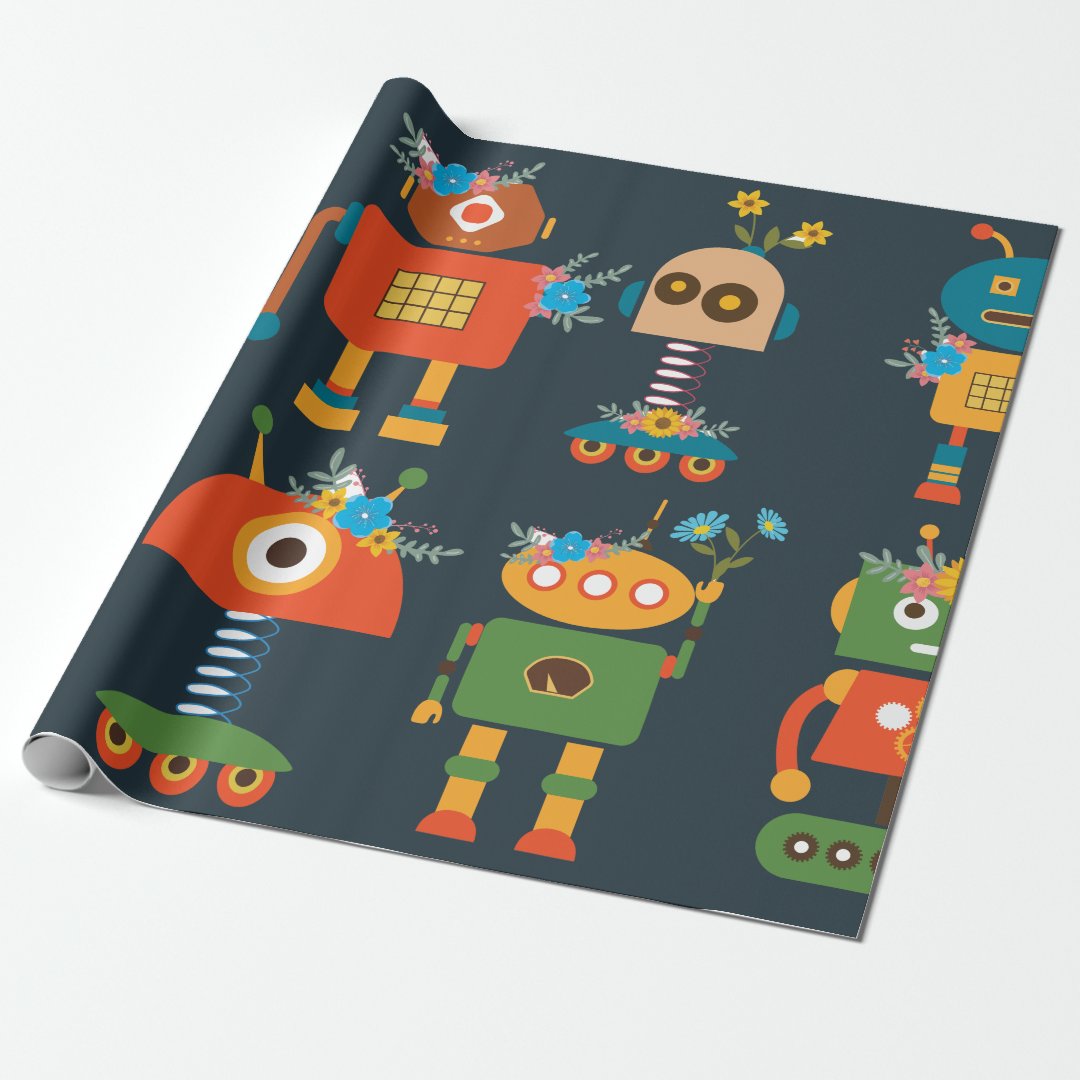 Cute robots kids design wrapping paper | Zazzle