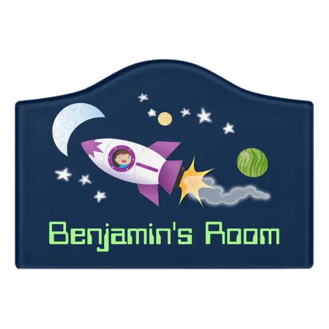 Cute rocket ship in space cartoon illustration door sign | Zazzle
