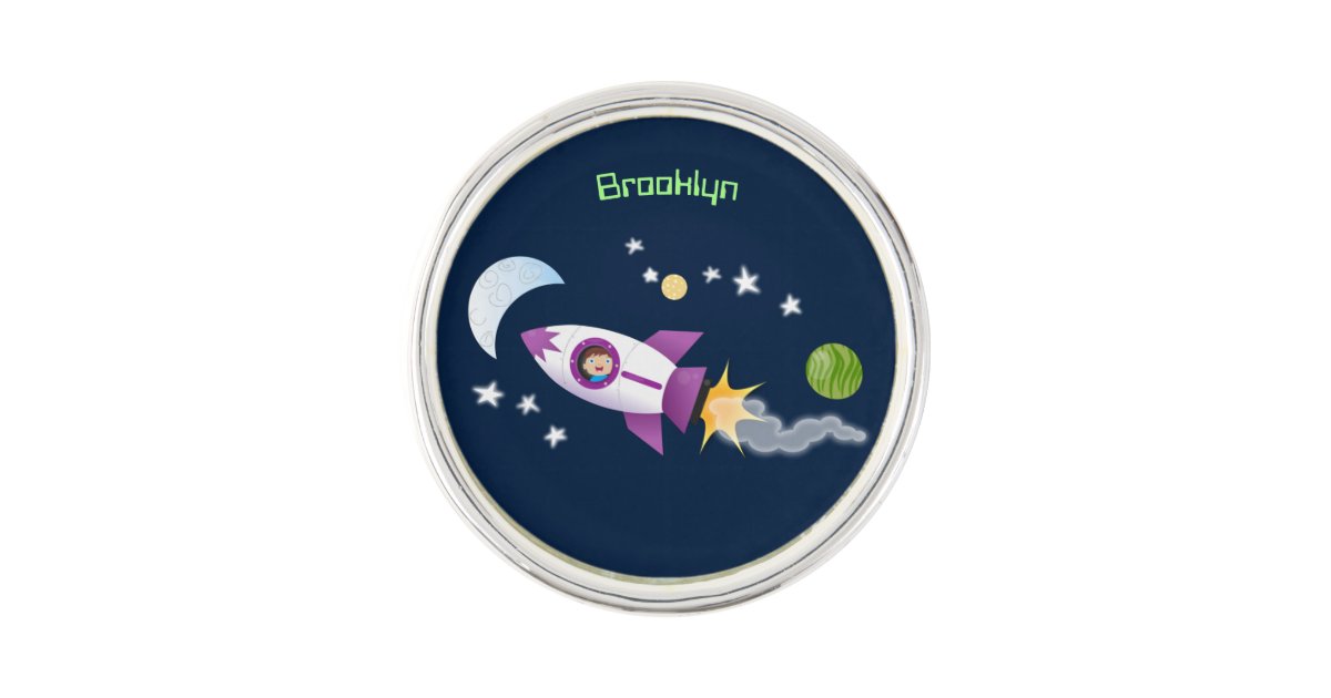Cute rocket ship in space cartoon illustration lapel pin | Zazzle