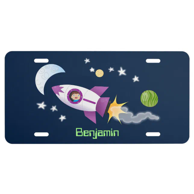 Cute rocket ship in space cartoon illustration license plate | Zazzle