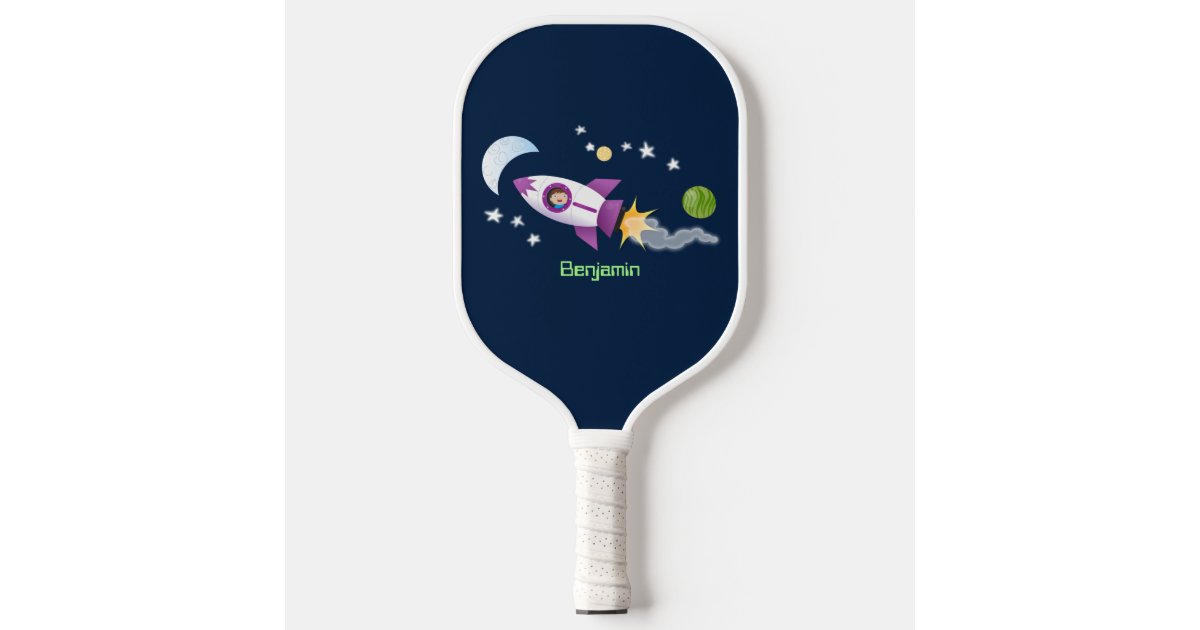 Cute rocket ship in space cartoon illustration pickleball paddle | Zazzle