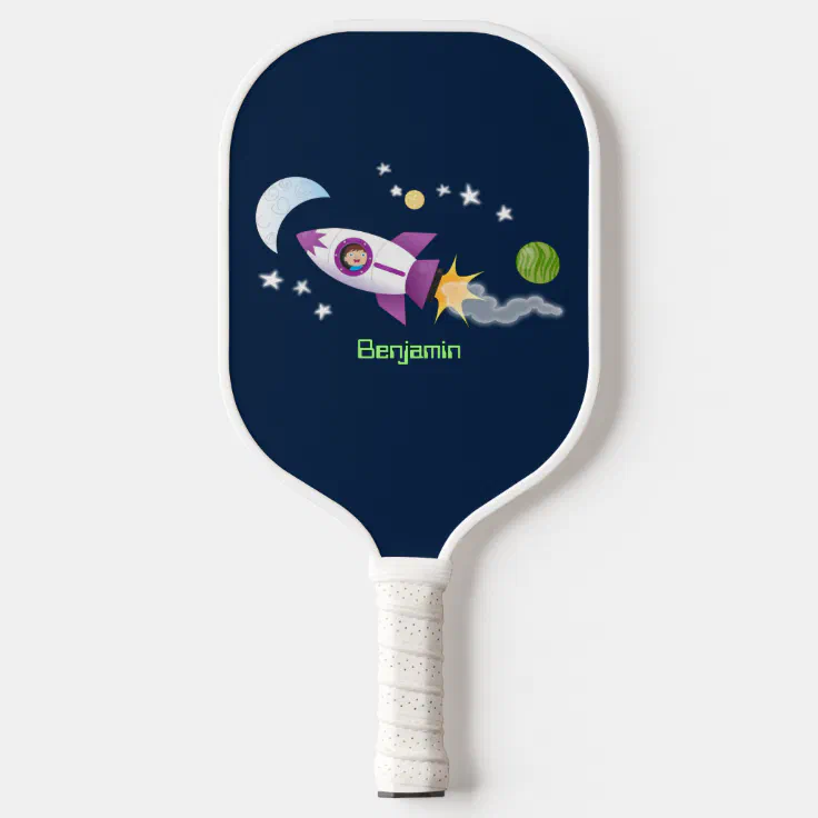 Cute rocket ship in space cartoon illustration pickleball paddle | Zazzle