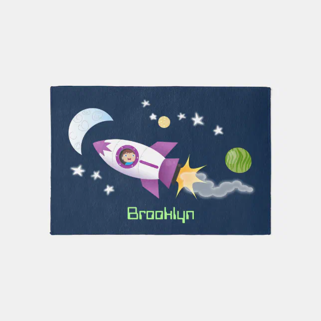 Cute rocket ship in space cartoon illustration rug | Zazzle