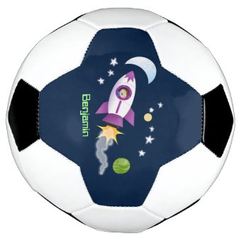 Cute rocket ship in space cartoon illustration soccer ball | Zazzle