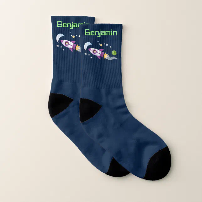 Cute rocket ship in space cartoon illustration socks | Zazzle