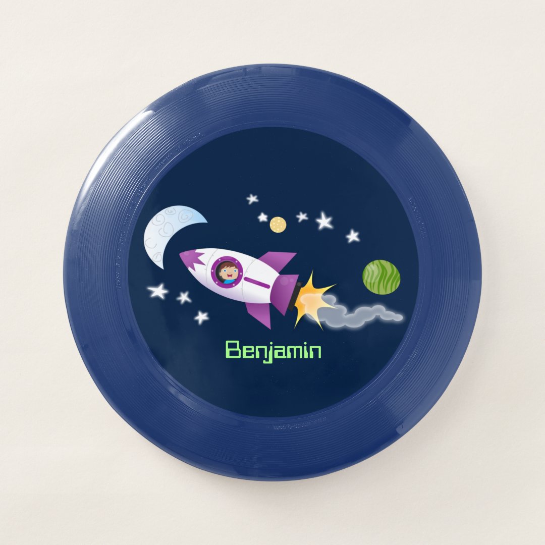 Cute rocket ship in space cartoon illustration Wham-O frisbee | Zazzle
