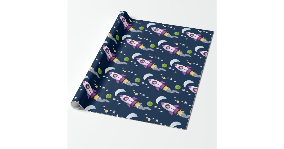 Cute rocket ship in space cartoon illustration wrapping paper | Zazzle