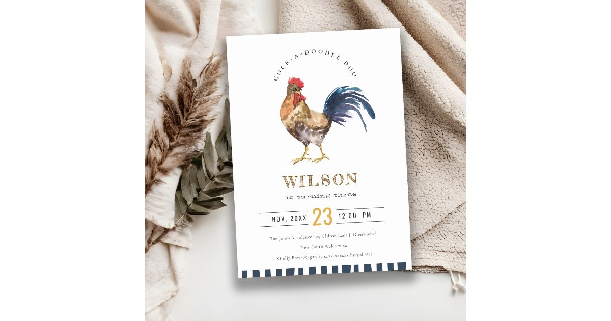 Cute Rooster Farm Watercolor Kids Birthday Invite | Zazzle