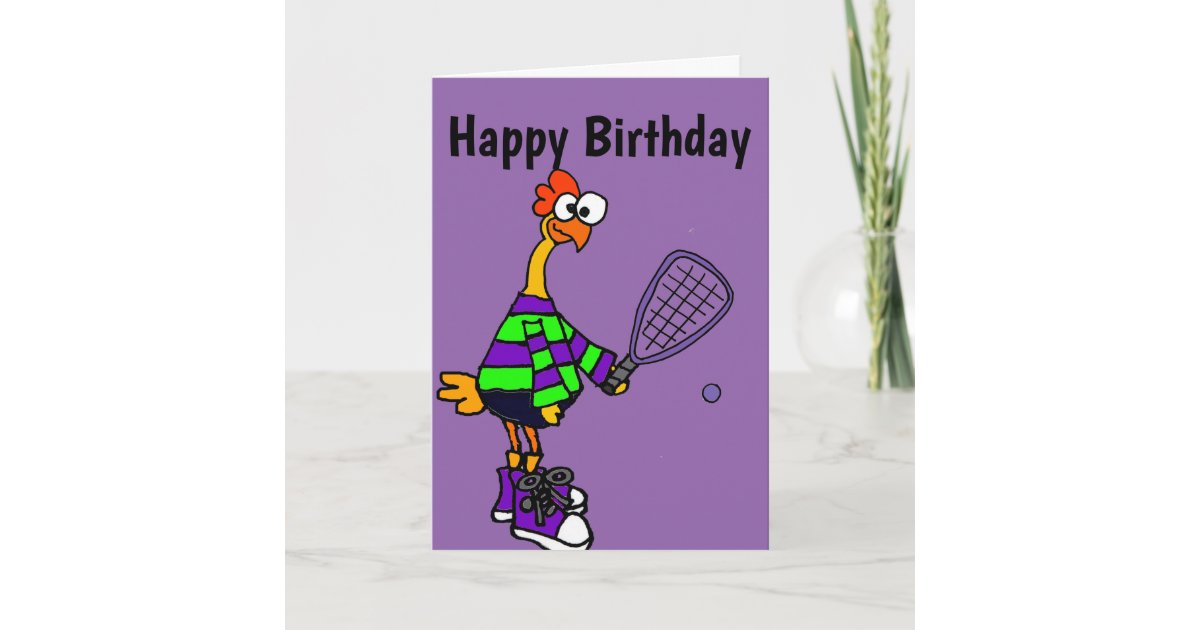 Cute Rubber Chicken Playing Racquetball Cartoon Card | Zazzle
