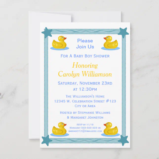 Cute Rubber Ducks Ribbon Stars Baby Boy Shower Invitation | Zazzle