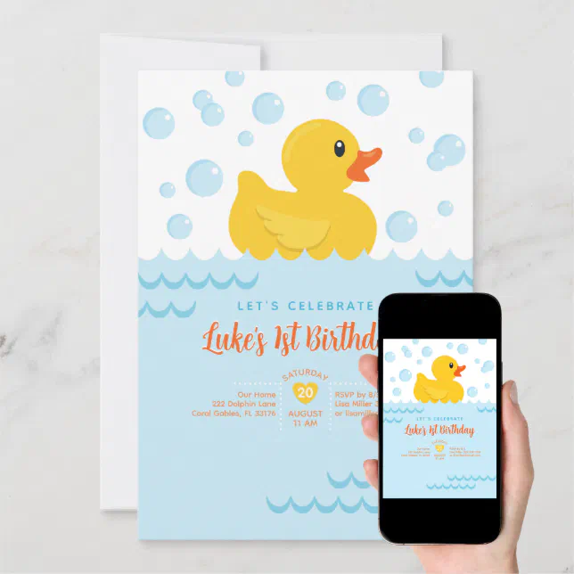 Cute Rubber Ducky Kids 1st Birthday Party Invitation | Zazzle