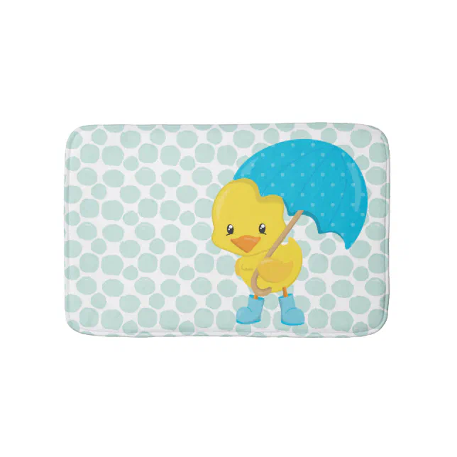 Cute Rubber Ducky on Blue Polka Dots Bath Mat | Zazzle