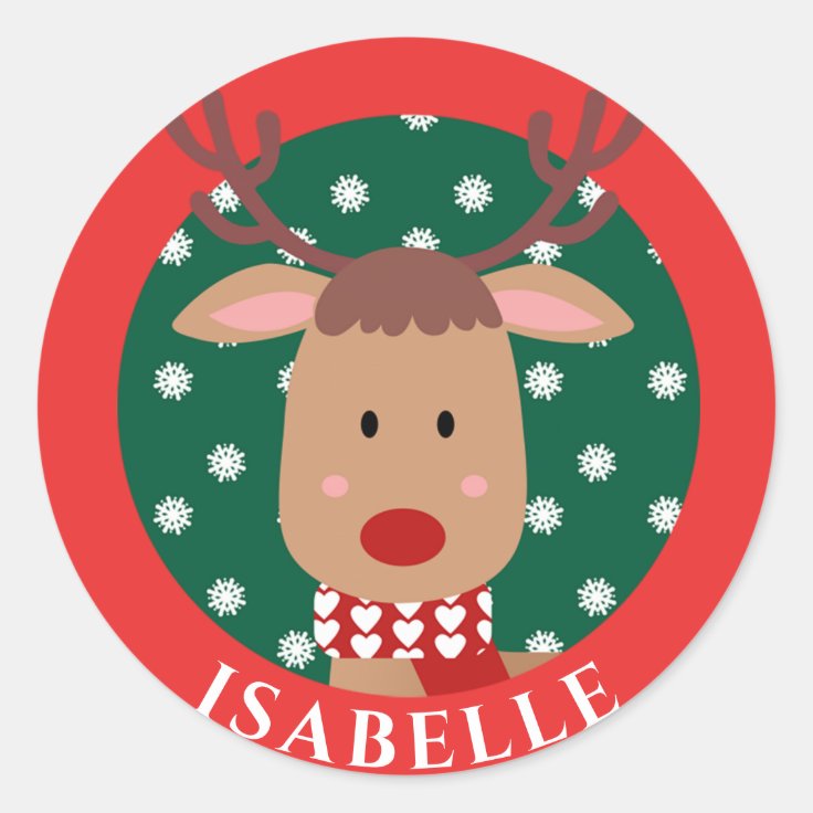 Cute Rudolph Reindeer Christmas Red Green Classic Classic Round Sticker ...