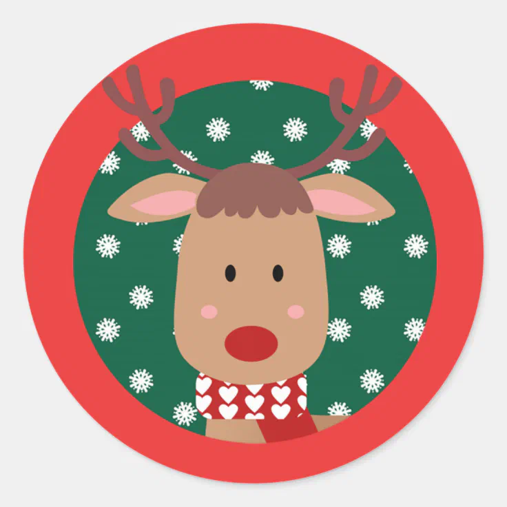 Cute Rudolph Reindeer Christmas Red Green Classic Round Sticker | Zazzle