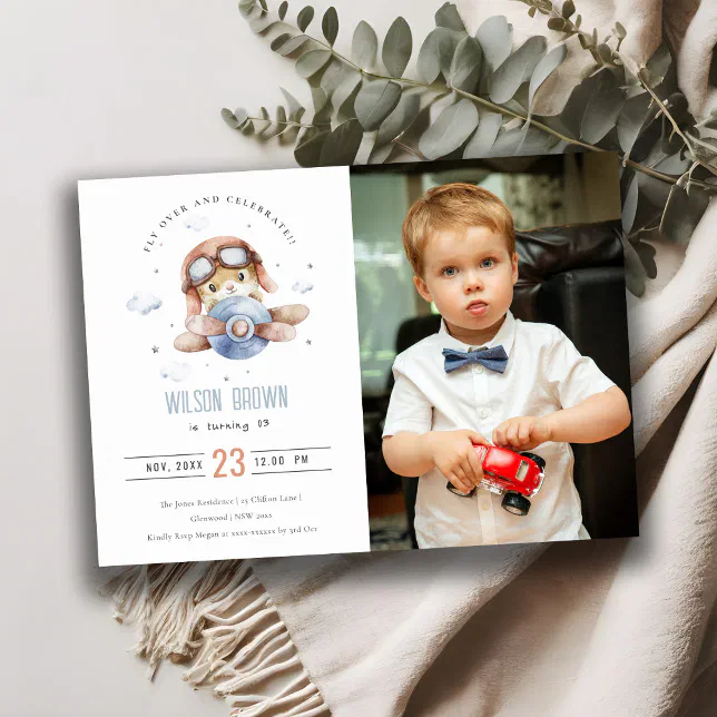 Cute Rust Blue Airplane Teddy Stars Photo Birthday Invitation | Zazzle