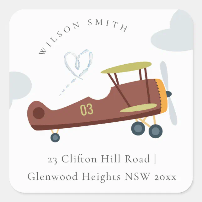 Cute Rust Green Blue Biplane Cloud Heart Address Square Sticker | Zazzle