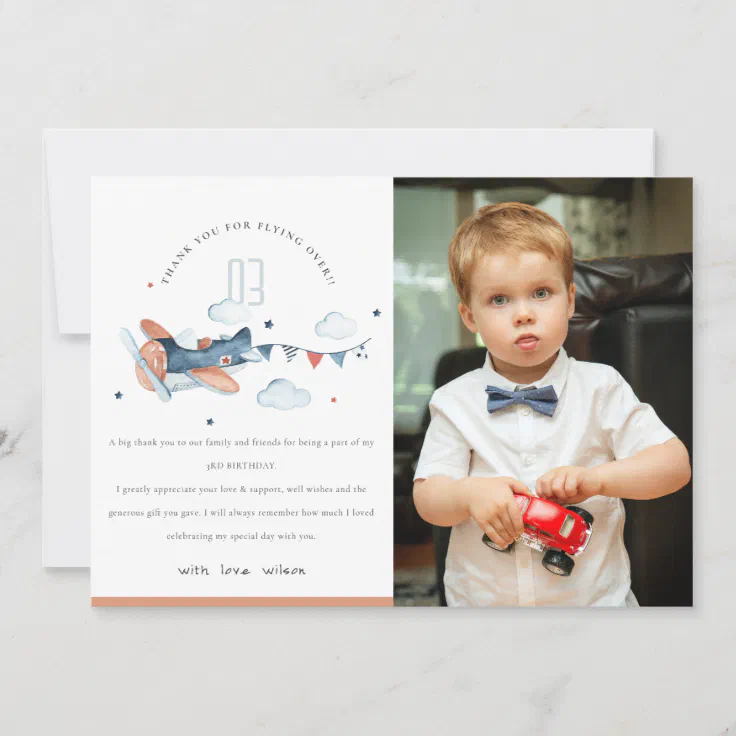 Cute Rust Navy Plane Clouds Kids Photo Birthday Thank You Card | Zazzle