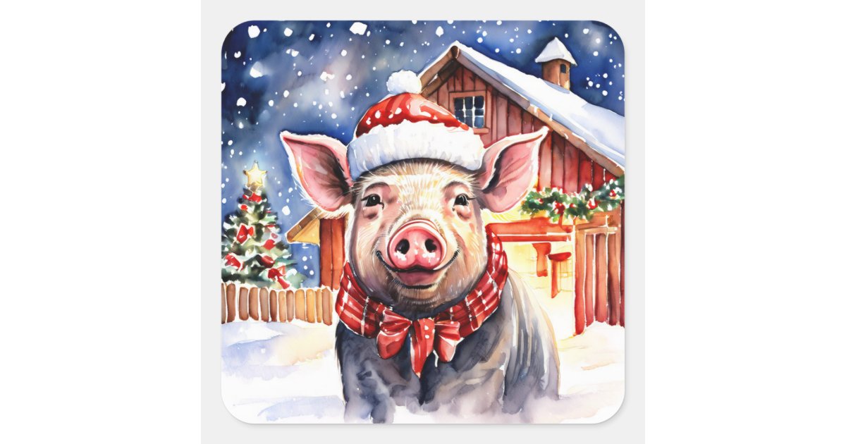 Cute Rustic Christmas Hog and Barn Square Sticker | Zazzle