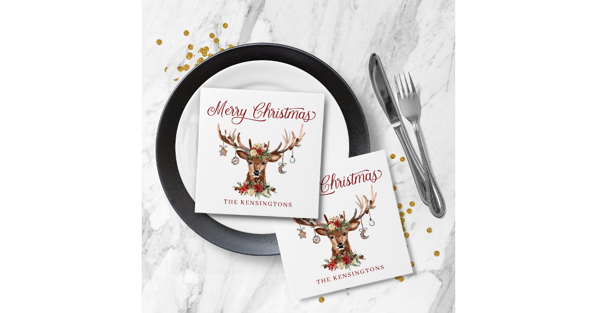 Cute Rustic Christmas Reindeer Ornaments Napkins | Zazzle