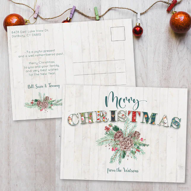 Cute Rustic Floral Merry Christmas Typography Postcard | Zazzle