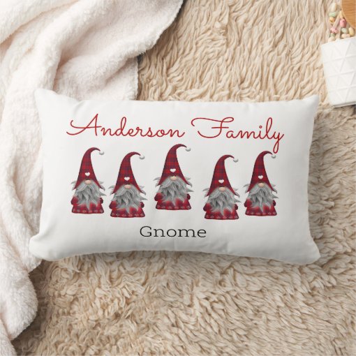 Cute Rustic Plaid Personalized Christmas Gnome Elf Lumbar Pillow | Zazzle