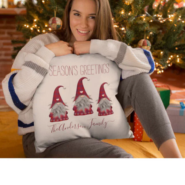 Cute Rustic Plaid Personalized Christmas Gnome Elf Throw Pillow | Zazzle