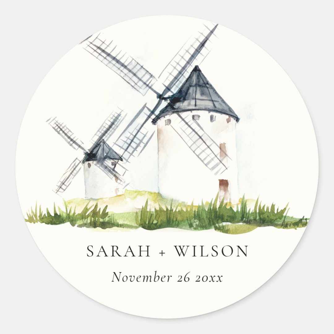 Cute Rustic Watercolor Windmill Farm Theme Wedding Classic Round ...