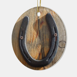 Cute Rustic Western Good Luck Horseshoe Wood Look Ceramic Ornament | Zazzle