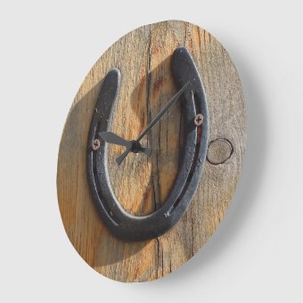 Cute Rustic Western Good Luck Horseshoe Wood Look Large Clock | Zazzle