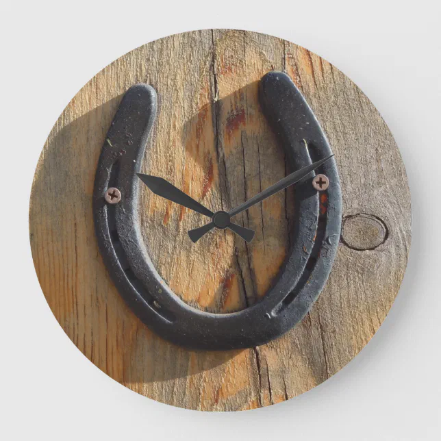 Cute Rustic Western Good Luck Horseshoe Wood Look Large Clock | Zazzle