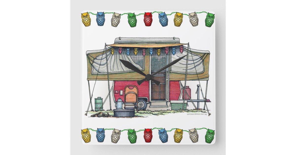Cute RV Vintage Popup Camper Travel Trailer Square Wall Clock | Zazzle