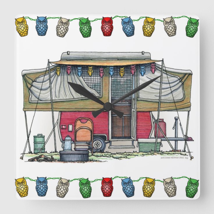 Cute RV Vintage Popup Camper Travel Trailer Square Wall Clock | Zazzle