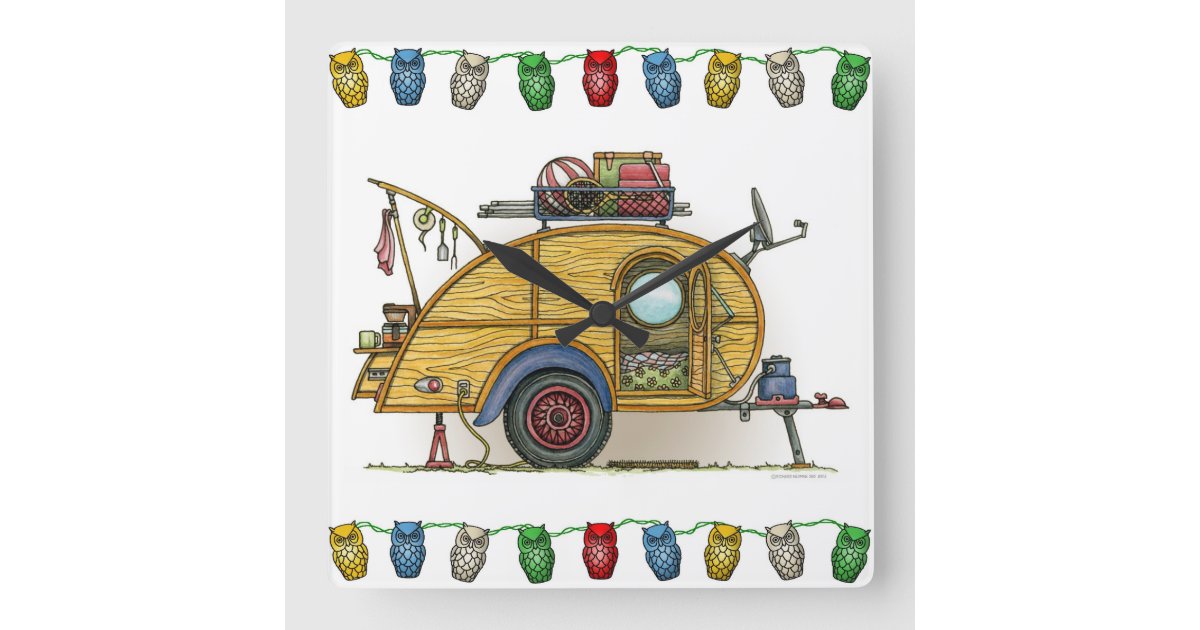 Cute RV Vintage Teardrop Camper Travel Trailer Square Wall Clock | Zazzle