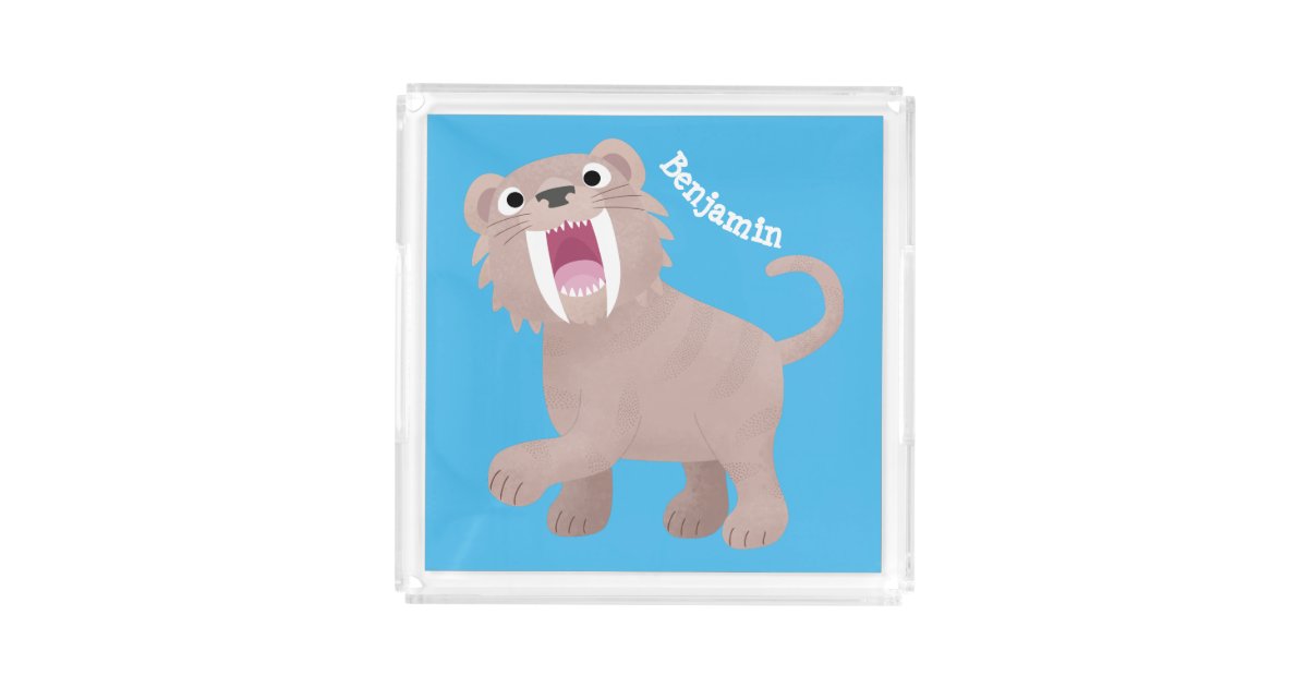Cute Saber Toothed Tiger Smilodon cartoon Acrylic Tray | Zazzle