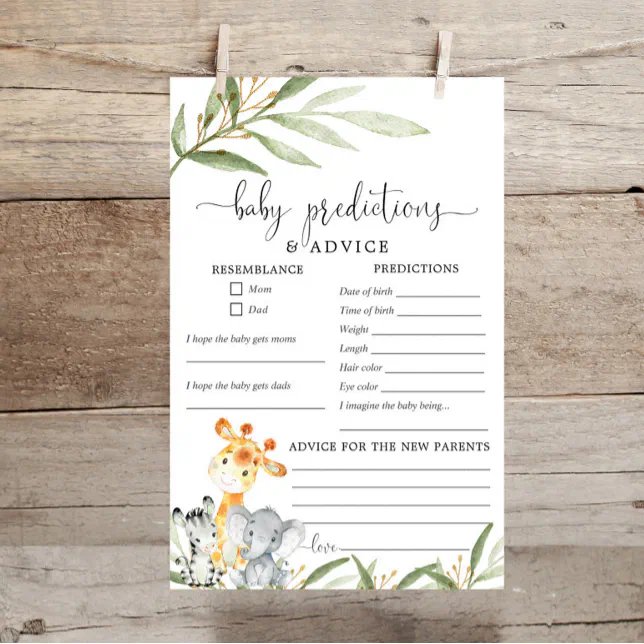 Cute safari animals Baby predictions advice card | Zazzle