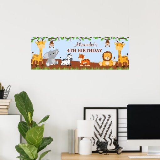 Cute Safari Jungle Animals Birthday Party Banner Poster | Zazzle
