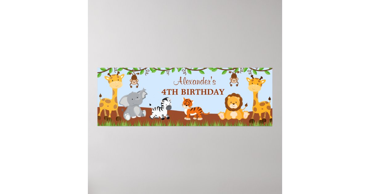 Cute Safari Jungle Animals Birthday Party Banner Poster | Zazzle