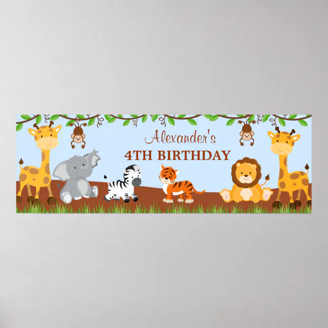 Cute Safari Jungle Animals Birthday Party Banner Poster | Zazzle