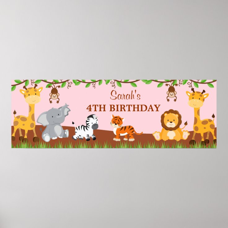 Cute Safari Jungle Animals Birthday Party Banner Poster | Zazzle