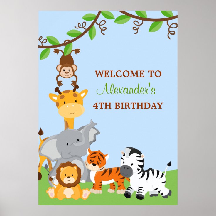 Cute Safari Jungle Animals Birthday Party Banner Poster | Zazzle