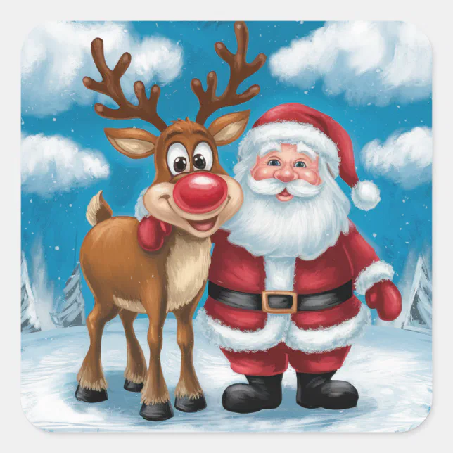 Cute Santa and Rudolph Christmas Scene Snow Square Sticker | Zazzle
