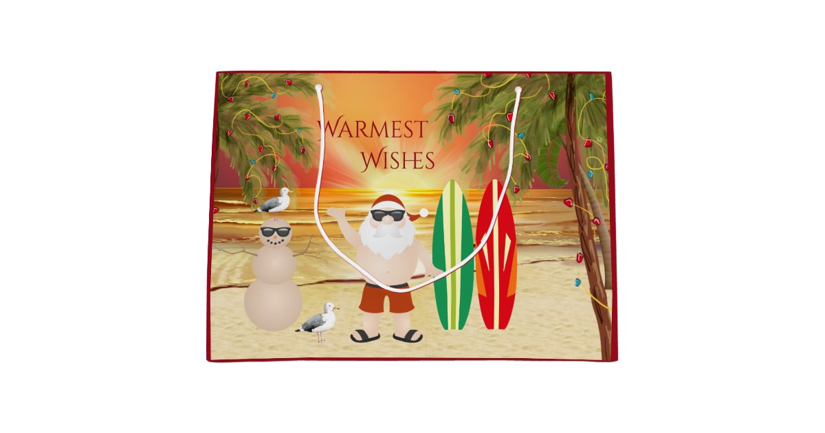Cute Santa and Surfboards Beach Surfing Christmas Large Gift Bag | Zazzle