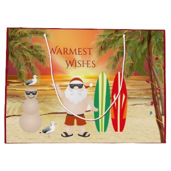 Cute Santa and Surfboards Beach Surfing Christmas Large Gift Bag | Zazzle